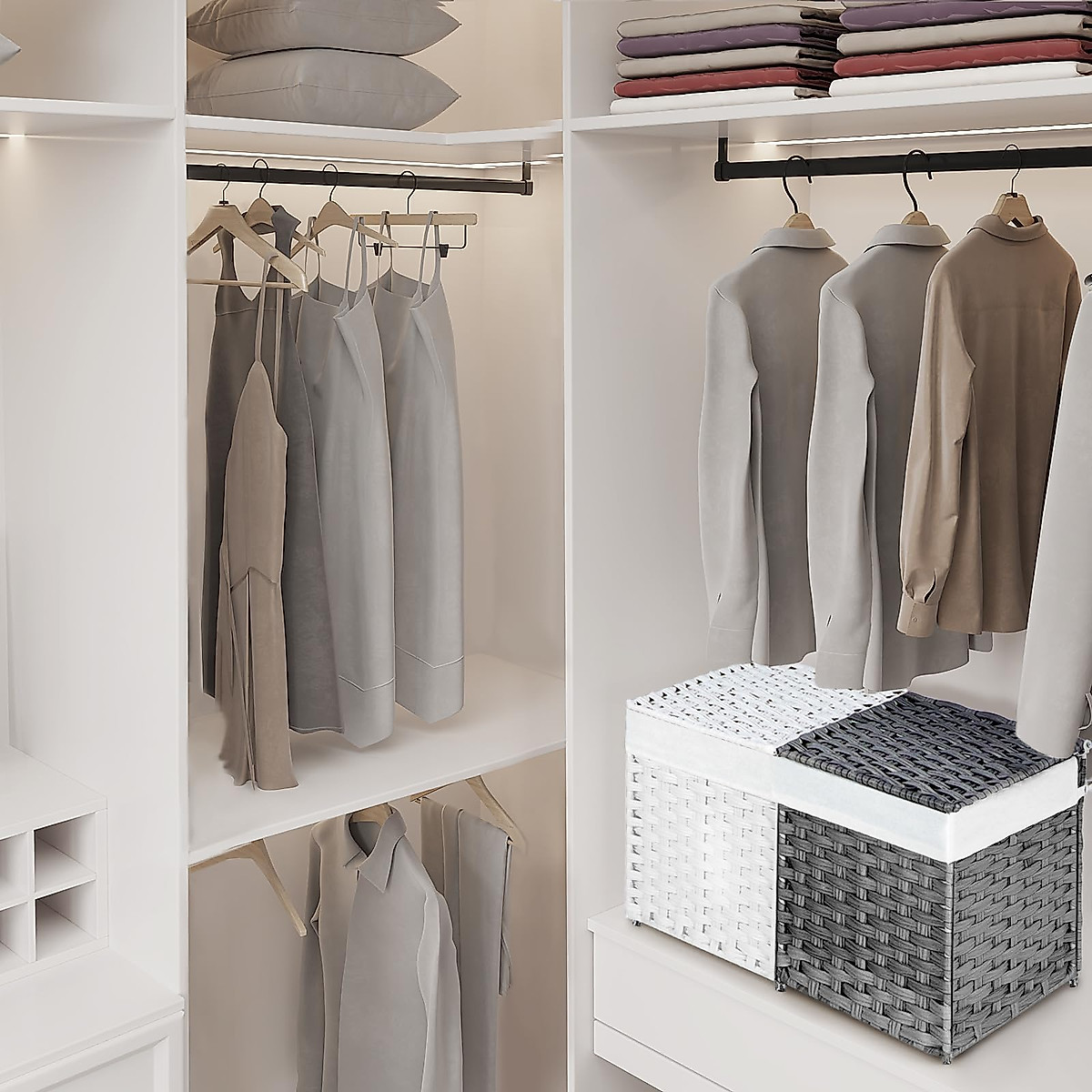 KUREEISE Storage Basket with Lid, 65L Woven Blanket Storage Basket with Handles, Removable Liner with Divide, Metal Frame, Storage Bin for Bedroom, Laundry Room（Gray-White）