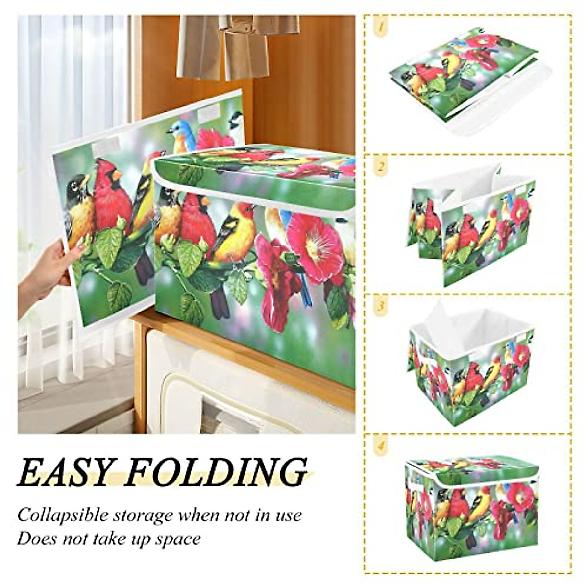 Kigai The Birds Gather on The Branches Storage Basket with Lid Collapsible Storage Bin Fabric Box Closet Organizer for Home Bedroom Office 1 Pack