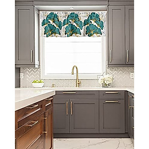 Teal Ginkgo Biloba Leaf White Marble Gold Stripes Valance Curtains for Kitchen Small Windows,Blackout Short Window Treatment Summer Leaves Rod Pocket Valance for Living Room Bedroom Decor,42"Wx12"L
