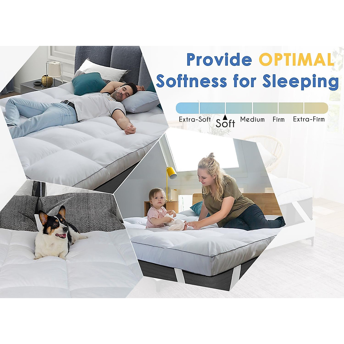 Marine Moon Twin XL Mattress Topper, Cooling Plush Bed Topper Soft Thick Pillow Top Mattress Toppers, 3 Inch Feather Down Alternative Pad Cover for College Dorm, Back Pain Relief, XL Twin 39" x 80"