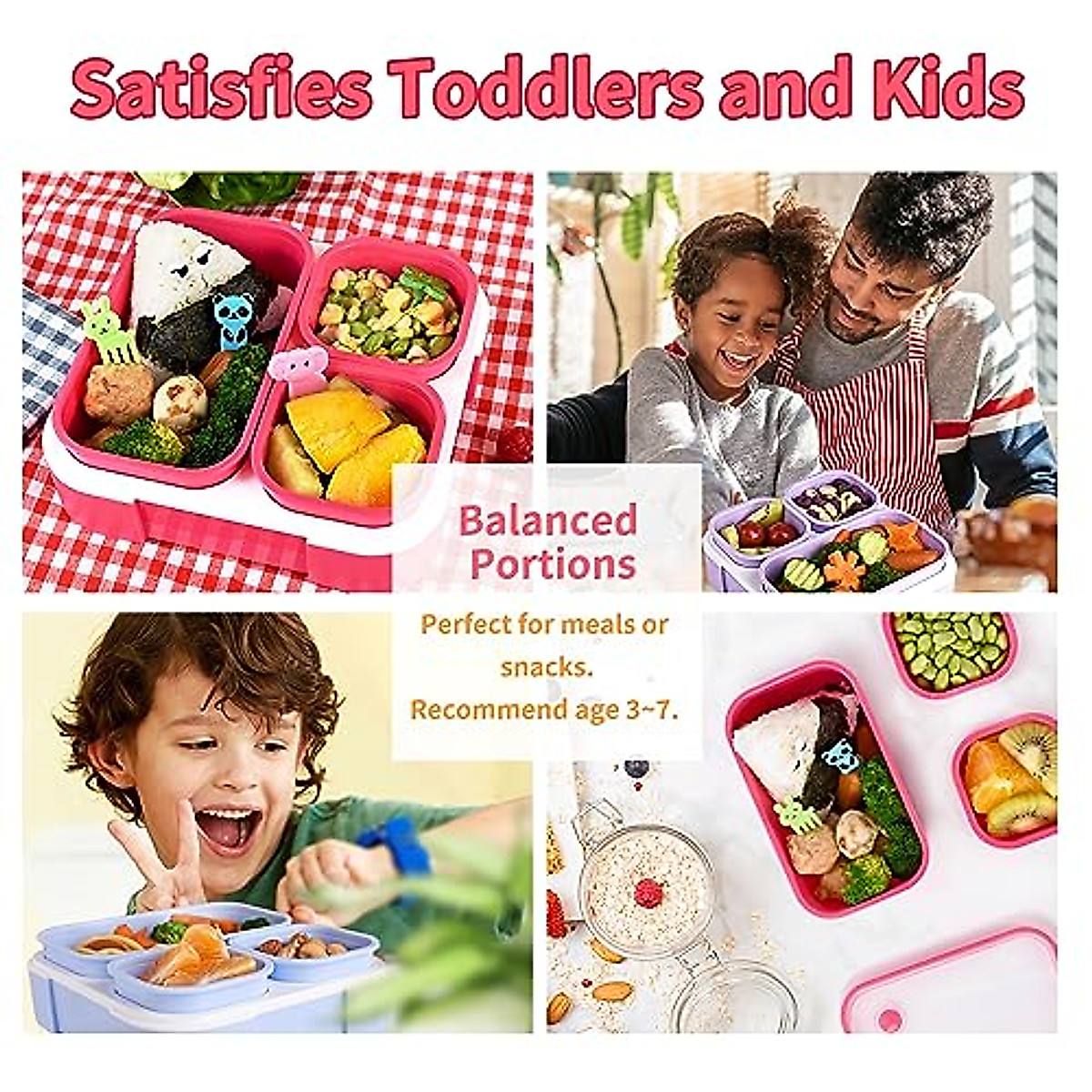 Genteen Leak-Proof Kids Lunch Box, Bento Box with 3 Removable Compartments, Toddler Lunch Box for Daycare, School, Ideal Portion Size for Ages 3 to 7 BPA-Free Dishwasher Safe-Green - Dark Pink