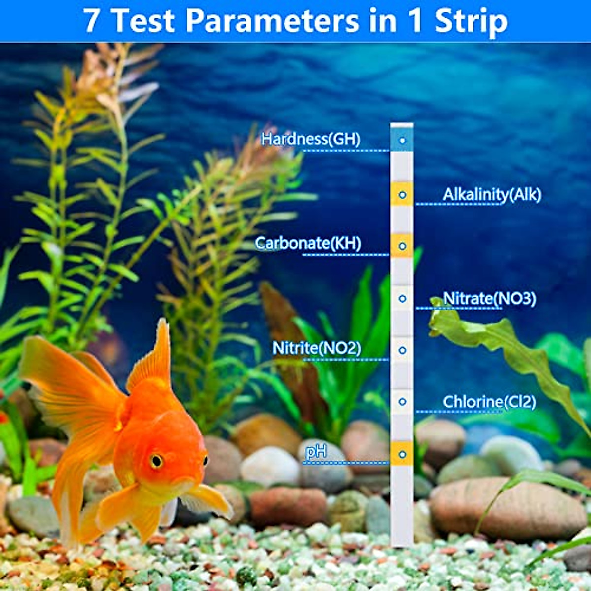 7 in 1 Aquarium Water Testing Strips, 100 Strips Marine Test Kits for Aquariums Pond Betta Fish Tank Freshwater Saltwater, Easy Tester for pH, Chlorine, Alk, Nitrate, Nitrite, Carbonate, Hardness