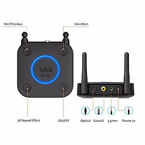 [Upgraded] 1Mii B06Pro Long Range Bluetooth Receiver, HiFi Wireless Audio Adapter, Bluetooth 5.1 Receiver with 3D Surround aptX HD Low Latency Optical RCA AUX 3.5mm Coaxial for Home Stereo System