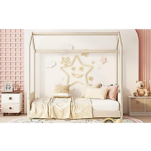 Bellemave Twin Size Velvet House Bed,Wood Bed, Twin Bed Platform Bed for Kids, Wood Twin Size Platform Bed Frame for Boys and Girls and Kids, No Box Spring Needed (Beige)