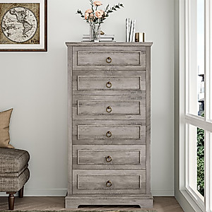 HOSTACK 6 Drawers Dresser, 52" Tall Dresser, Vertical 6 Drawer Dresser, Modern Farmhouse Chest of Drawers, Wood Closet Dresser Storage Dresser Chest for Living Room, Hallway, Entryway, Ash Grey