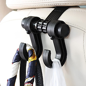 BELOMI 2PCS Car Seat Headrest Hook, 360° Adjustable Storage Double Hooks, Multi-Functional Swivel Organizer, Vehicle Backseat Hanger Interior Accessories for Handbag Purse Cloth Grocery