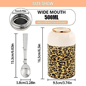 CUPADA Gold Leopard Food Jar for Hot and Cold, Seamless Printed Insulated Food Jars Vacuum 17OZ with Folding Spoon for Work Trip Picnic Camping