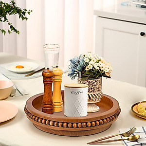 Farmhouse Lazy Susan Organizer,Decorative Tray Riser,Lazy Susan for Table, Counter Lazy Susan Turntable Organizer with Beads,360 Degrees Rotating Display Stand for Spice Racks,Centerpiece Tray,Brown