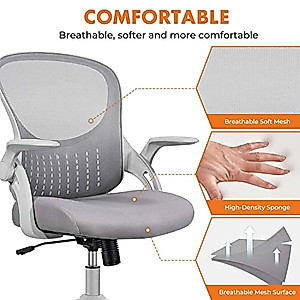 Sweetcrispy Task Swivel Rolling Lumbar Support/Flip-up Arms, Study, Bedroom Adjustable Height Home Office Desk Ergonomic Mesh Computer Chair, Grey