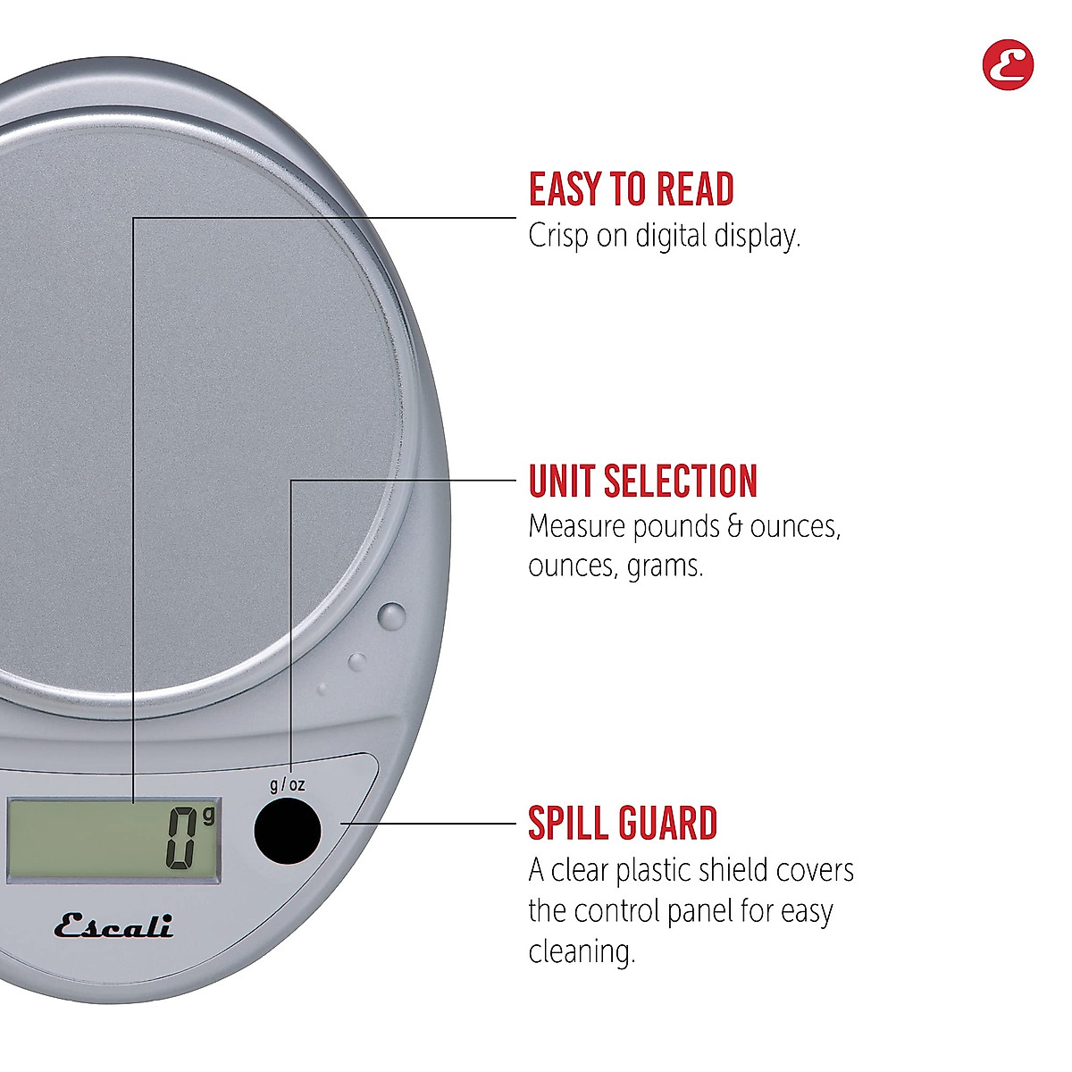 Escali Primo Digital Food Scale, Multi-Functional Kitchen Scale, Precise Weight Measuring and Portion Control, Baking and Cooking Made Simple, 8.5 x 6 x 1.5 inches, Chrome