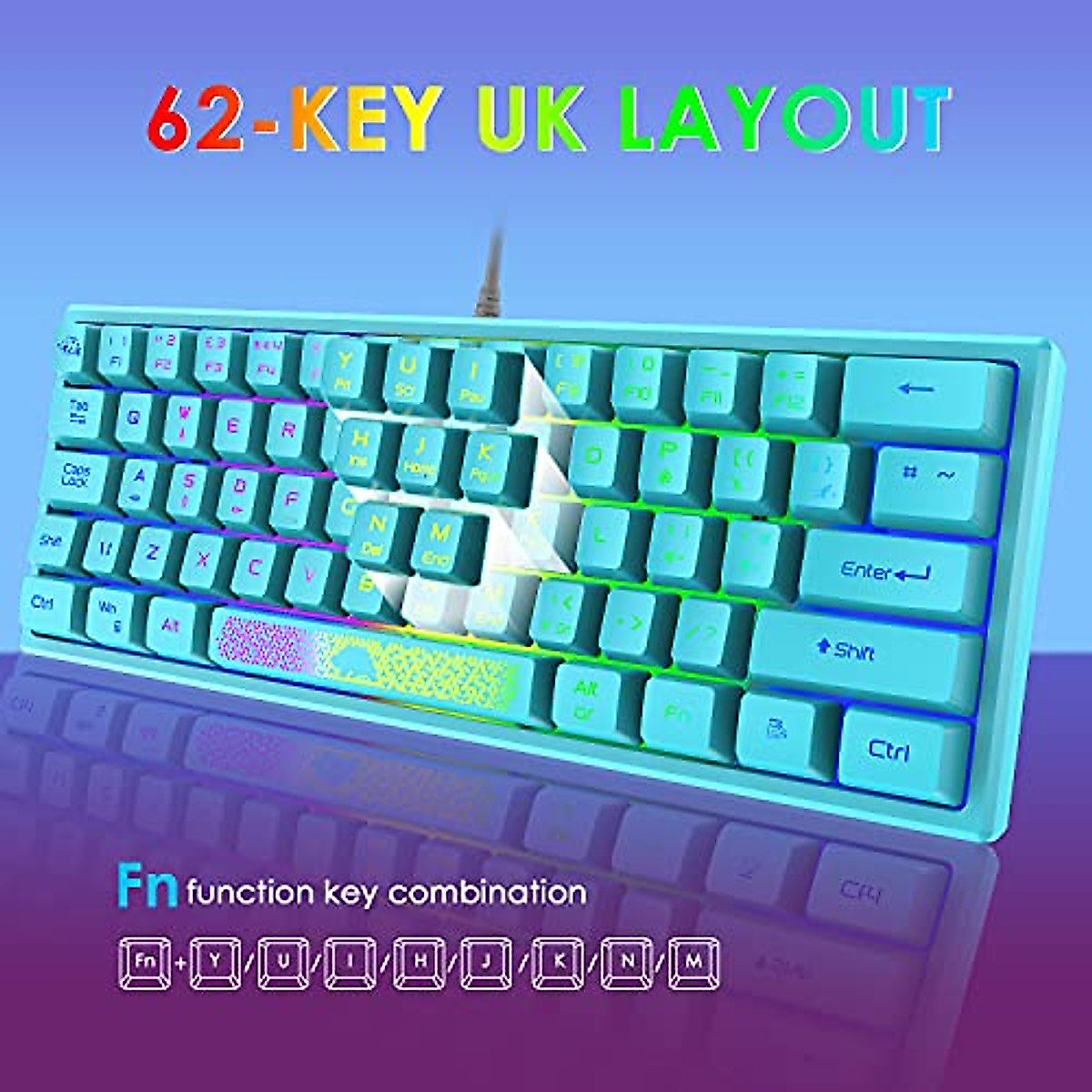 60% Gaming Keyboard and Mouse Combo Rainbow LED Backlit Keyboard with 61 Keys Membrane Mini Portable Ergonomic Design Ultralight Gaming Mouse 6400 DPI,Gaming Mouse Pad for Windows PC Gamers(Blue)