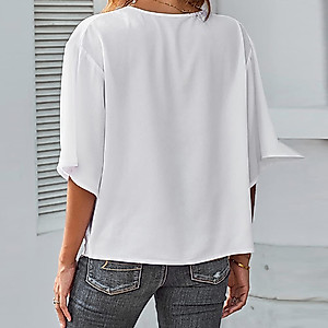 Janepam Womens Tops Shirt Chiffon Solid Color Plain 3/4 Sleeve Long Sleeve Batwing Plus Size V-Neck Loose Baggy Oversized Blouse(A White,M)