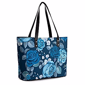 Womens Handbag Flowers Blue Leather Tote Bag Top Handle Satchel Bags For Lady