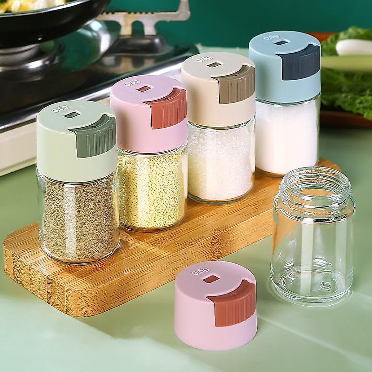 Salt and Pepper Shakers Set,4 oz Glass Bottom Salt Pepper Shaker for Kitchen Gadgets Cooking Table, RV, Camp,BBQ - Dispenses Exactly 0.5G per Press (Pink)
