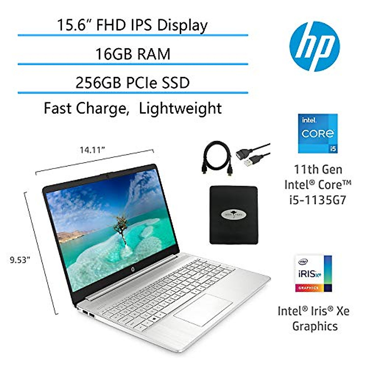 HP Newest 15.6 FHD IPS Flagship Laptop, 11th Gen Intel 4-Core i5-1135G7(Up to 4.2GHz, Beat i7-1060G7), 16GB RAM, 256GB PCIe SSD, Iris Xe Graphics, Bluetooth, WiFi, Win11,w/GM Accessories