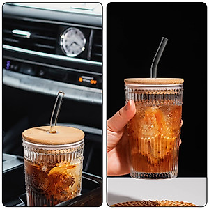 Baalaka Glass Cups with Lids and Straws, Glass Tumbler, 12 OZ Iced Coffee Cups, Drinking Glasses for Cocktails, Tea Cups with 1 Cleaning Brush