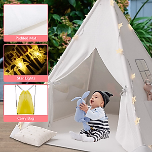 Large Kids Teepee Tent for 2 3 4 5 6 Year Old Girls, Kids Foldable Play Tent with Padded Mat & Light String, Ideal Gifts Toys Tent, White Canvas Teepee Indoor Outdoor Games, Kids Playhouse for Boys