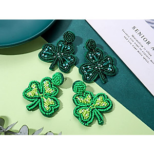 3Pairs St Patrick's Day Earrings Handmade Beaded Earrings for Women Irish Shamrock Leaf Dangle Earrings Easter Holiday Earrings Good Lucky Holiday Jewelry Gifts (3Pairs)
