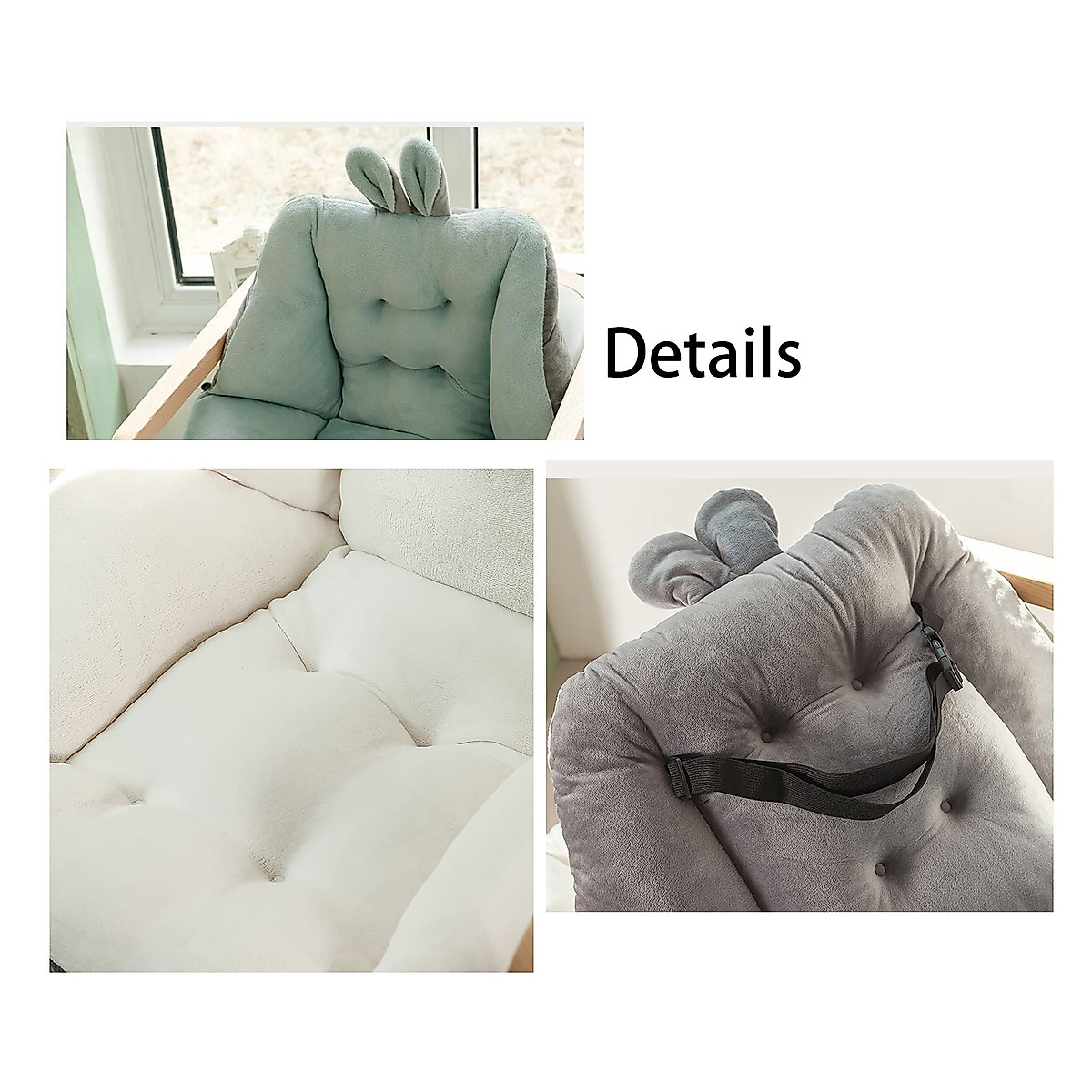 ZYBCQL Semi-Enclosed Bunny Ears Seat Cushions with Ties,Cute Cartoon Crystal Velvet Chair Cushion Floor Pillow for Office Chair-Grey 52x52cm(20.5x20.5in)