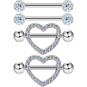 JOVITEC 2 Pairs Stainless Steel Nipple Ring CZ Barbell Rhinestone Nipple Studs for Nipple Tougue Body Piercing, 14 G (AB clolor)