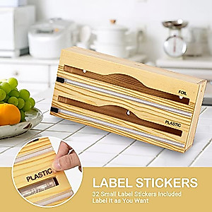 PentaQ Foil and Plastic Wrap Organizer, WrapNeat 2 in 1 Plastic Wrap Dispenser with Cutter and Labels, Aluminum Foil Organization and Storage, 12" Roll Organizer Holder for Kitchen Drawer (Natural)