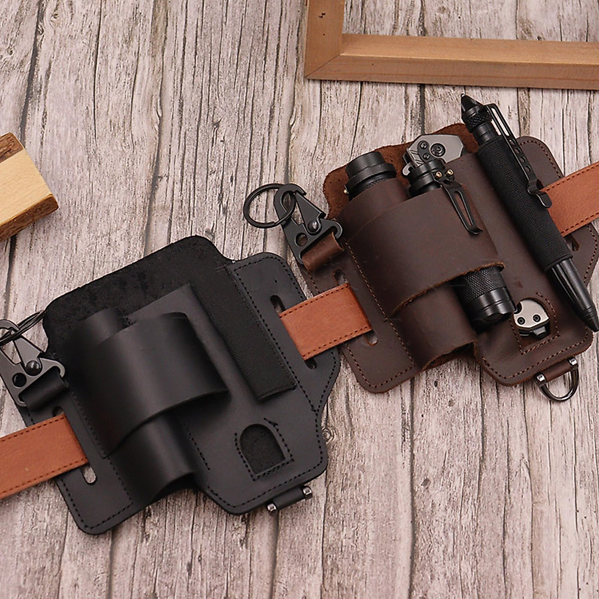 YIFULIN Leather Belt Sheath with Key Holder Pen Clip Tactically Tool Holsters Multitool Leather Sheath Organizers Belt Waist Bag Multitool Pockets Organizer Pouch