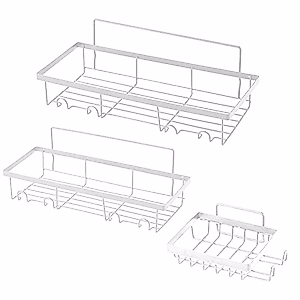 3 Pack Adhesive Shower Caddy Basket, with Hooks, Bathroom Storage Organizer Wall Mounted, for Soap Dish Holder Shelf Shampoo Conditioner