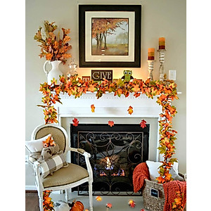 Artiflr 2 Pack Fall Maple Leaf Garland Clearance - 6.5ft/Piece Artificial Foliage Garland Autumn Hanging Fall Leave Vines for Indoor Outdoor Wedding Thanksgiving Dinner Party Decor