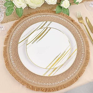 TABLECLOTHSFACTORY 4 Pack | Natural 15" Jute Fringe White Embroidery Print Placemats, Rustic Round Woven Burlap Tassel Table Mats