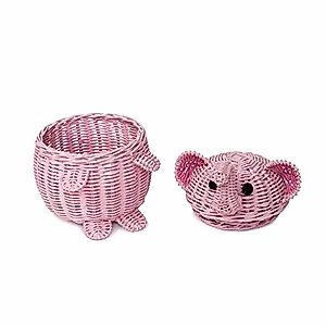 G6 COLLECTION Elephant Rattan Storage Basket With Lid Decorative Bin Home Decor Hand Woven Shelf Organizer Cute Handmade Handcrafted Nursery Gift Animal Decoration Wicker Elephant (Small, Pink)