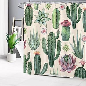 LB Western Tropical Cactus Shower Curtain Sets with Rugs Pink and Green Succulent Plant with Floral on Beige Fabric Shower Curtain with Hooks Nature Plant Bathroom Curtains Shower Set, 72x72 inches