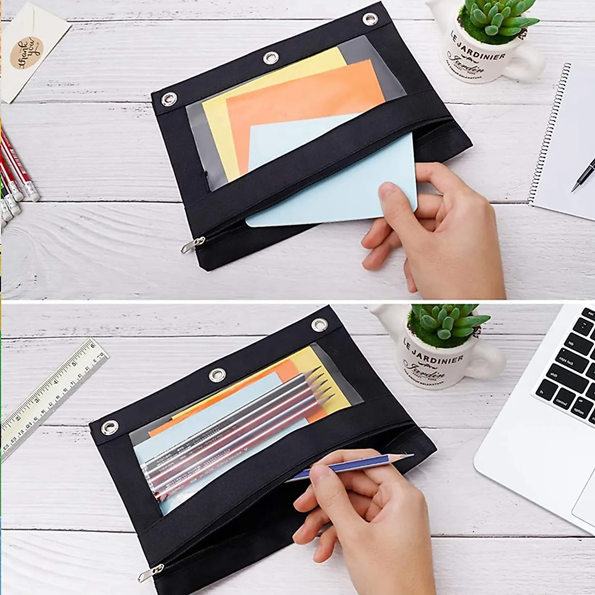 TOPWOOZU Pencil Pouch 3 Ring, Zipper Pencil Pouches Case Binder Cosmetic Bag Black 2 Pack