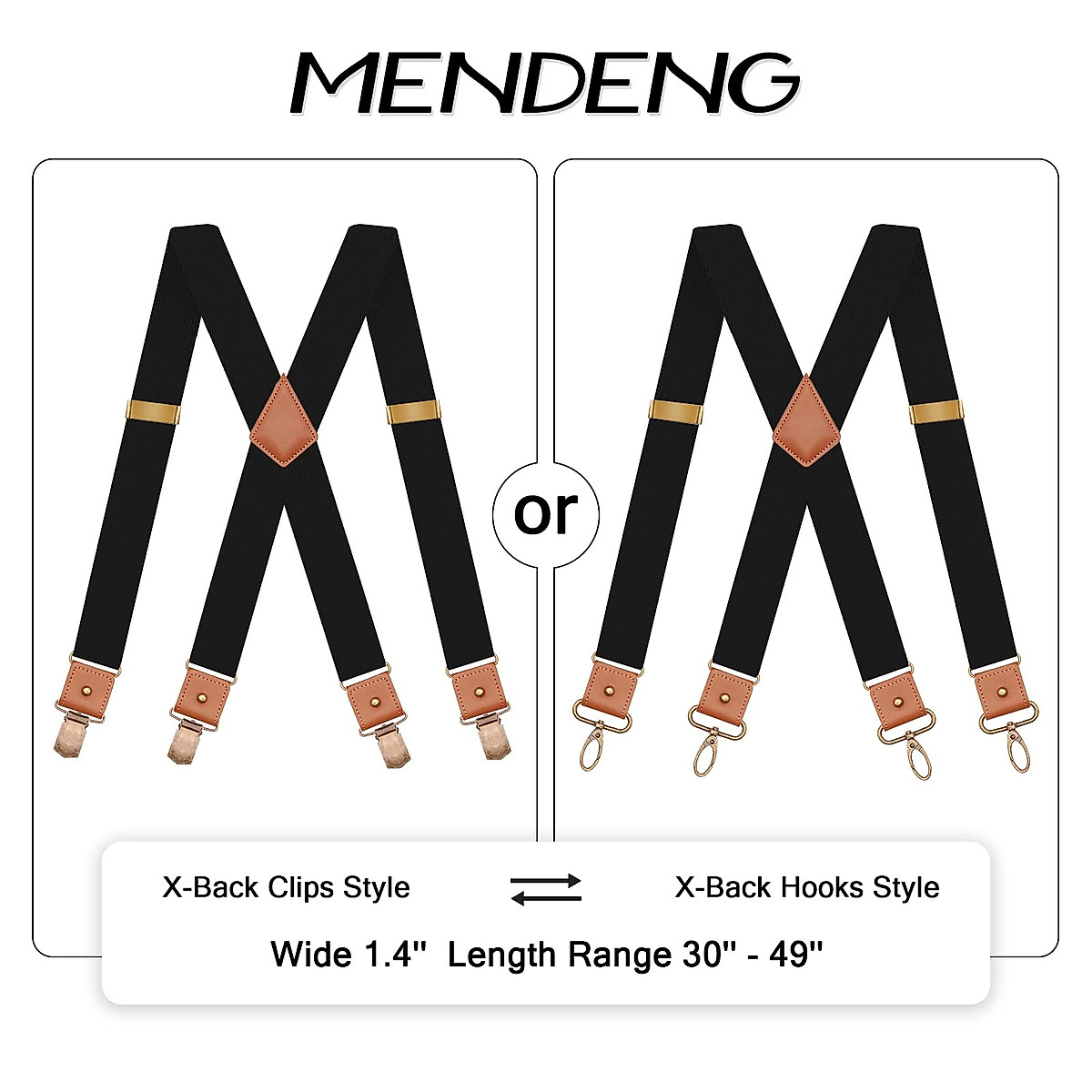 MENDENG Suspenders for Men Hook-Clips Convertible Mens Suspenders for Jeans Heavy Duty Swivel Belt Loop Braces Black