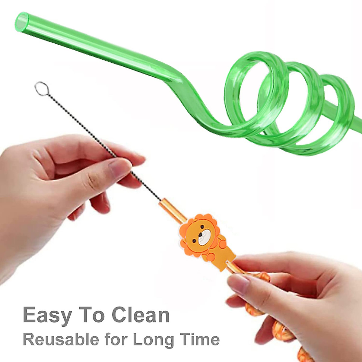24 Reusable Jungle Animal Plastic Straws for Elephant Fox Dinosaur Giraffe Safari Birthday Party Supplies Favors,Woodland Party Gift Favor Twisted Straws with 4 Cleaning Brushes