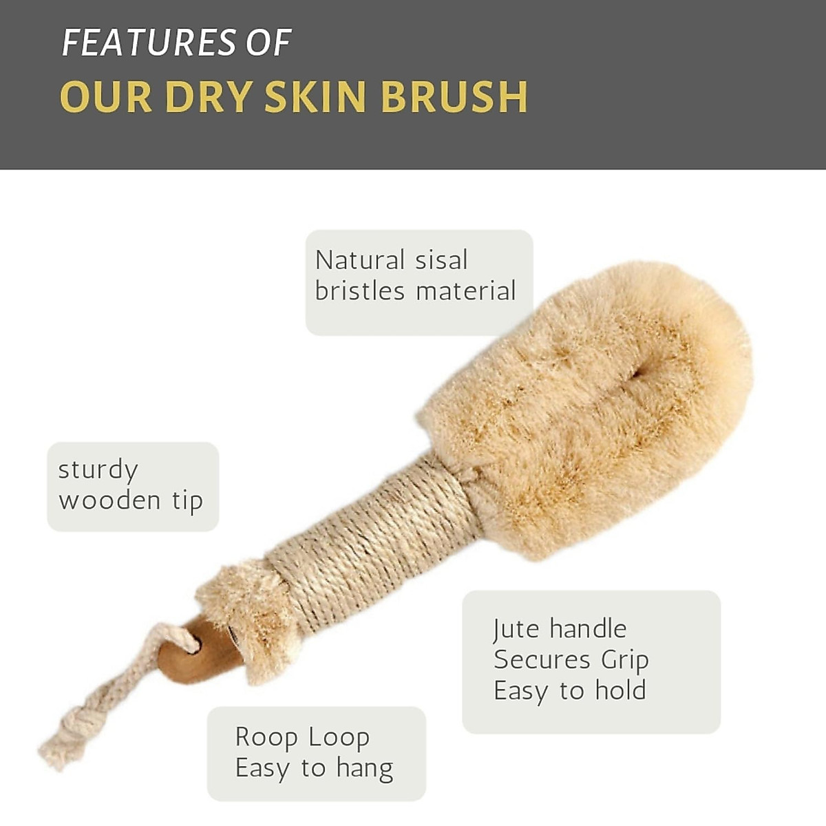 Touch Me All Natural Spa Sisal Dry Skin Brush - Premium Quality- 9" Length