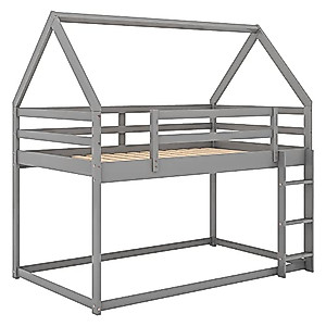 Twin Over Twin House Bunk Bed with Safety Guardrail and Ladder, Wood Twin Loft Bed Frame with House Roof for Kids Teens Girls Boys,Grey