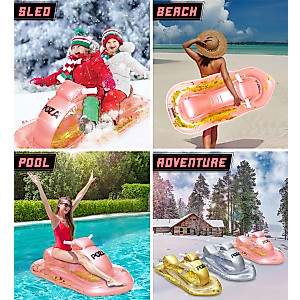 POZA Inflatable Rose Gold Snowmobile Sled - Luxurious Snow Sled with Handles filled with Gold Snowflake Confetti, Premium Cold Resistant PVC Heavy Duty Sled, Ski Sled for Adults and Kids - 51 Inches