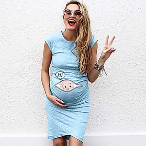 Lethez Women Maternity Bodycon Dress Sleeveless Pregnancy T-Shirt Dress Cartoon Letter Print Mini Dress (XL, Sky Blue)