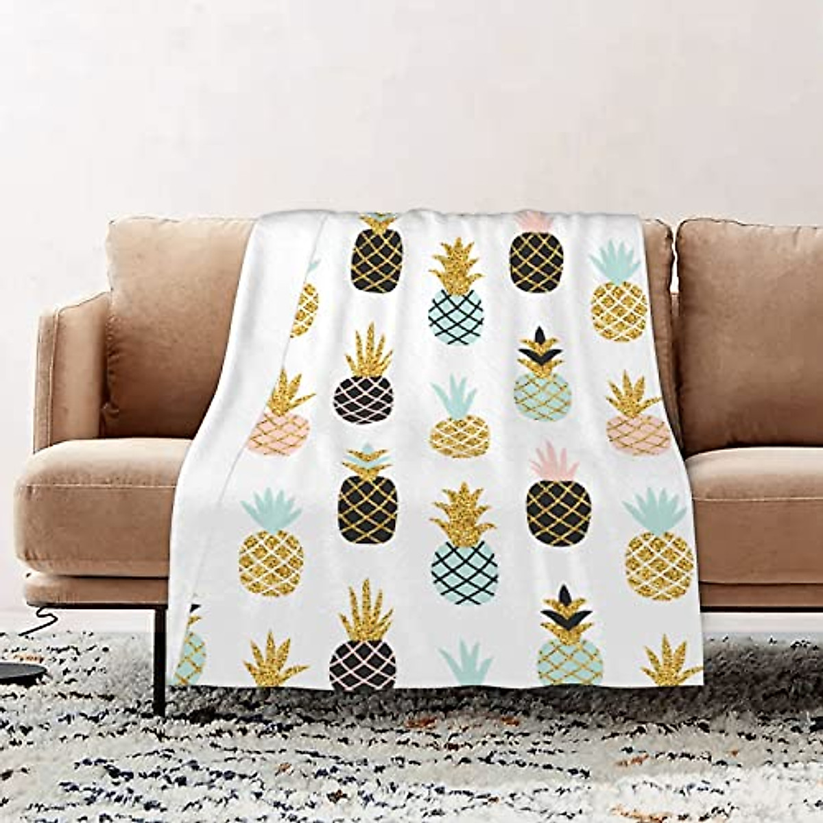 Cute Pineapple Stylish Glitter Throw Blanket Super Soft Warm Bed Blankets for Couch Bedroom Sofa Office Car, All Season Cozy Flannel Plush Blanket for Girls Boys Adults, 60 X 40 Inch