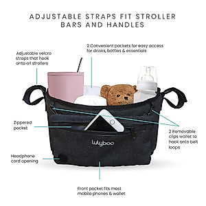 Lulyboo Universal Baby Stroller Organizer with Clip On Removable Wallet, Pockets for Drinks, Toys, Keys Gray/Black