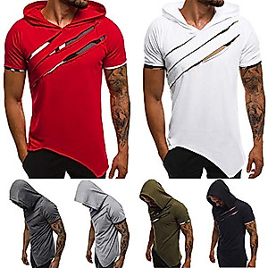 Men's Hooded Shirts Casual Patchwork Slim Summer Short Sleeve Irregular Hem T Shirt Tops Blouse (L, White)