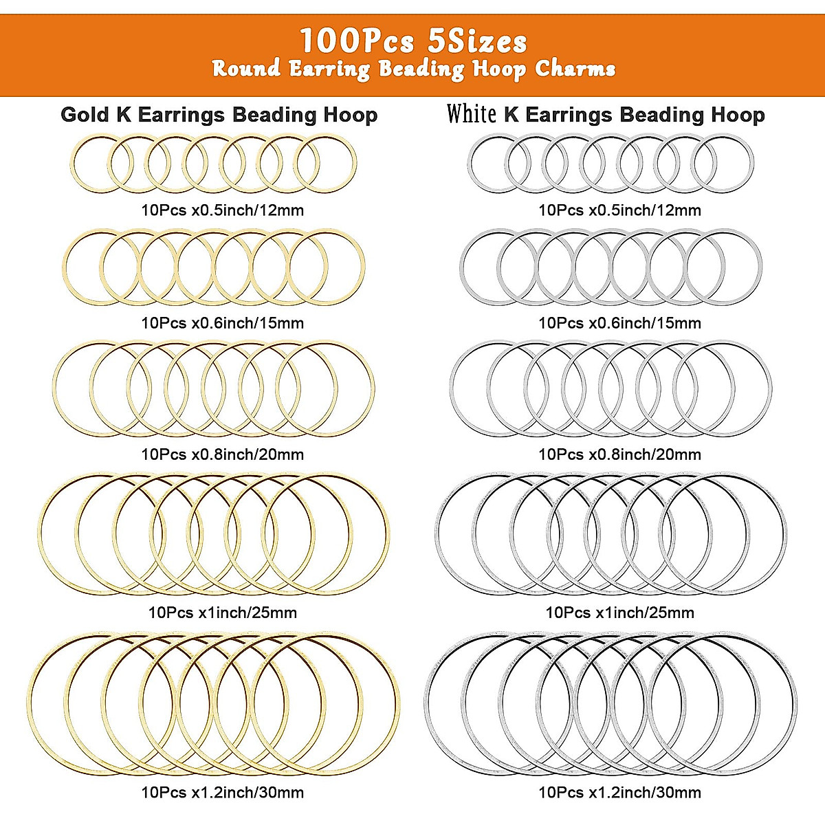 100Pcs Round Earring Beading Hoop Rings,5Sizes Earring Finding Open Bezels Linking Rings Beading Hoop Earrings Pendant for DIY Craft Jewelry Making,Earring Necklace,Crafts Supplies