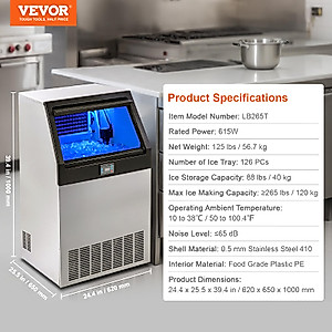 VEVOR Commercial Ice Maker Machine, 265lbs/24H, Ice Maker Machine, 126 Ice Cubes in 12-15 Minutes, LED Digital Display Free Standing Ice Maker with 88lbs Storage Capacity, for Home Office Restaurant