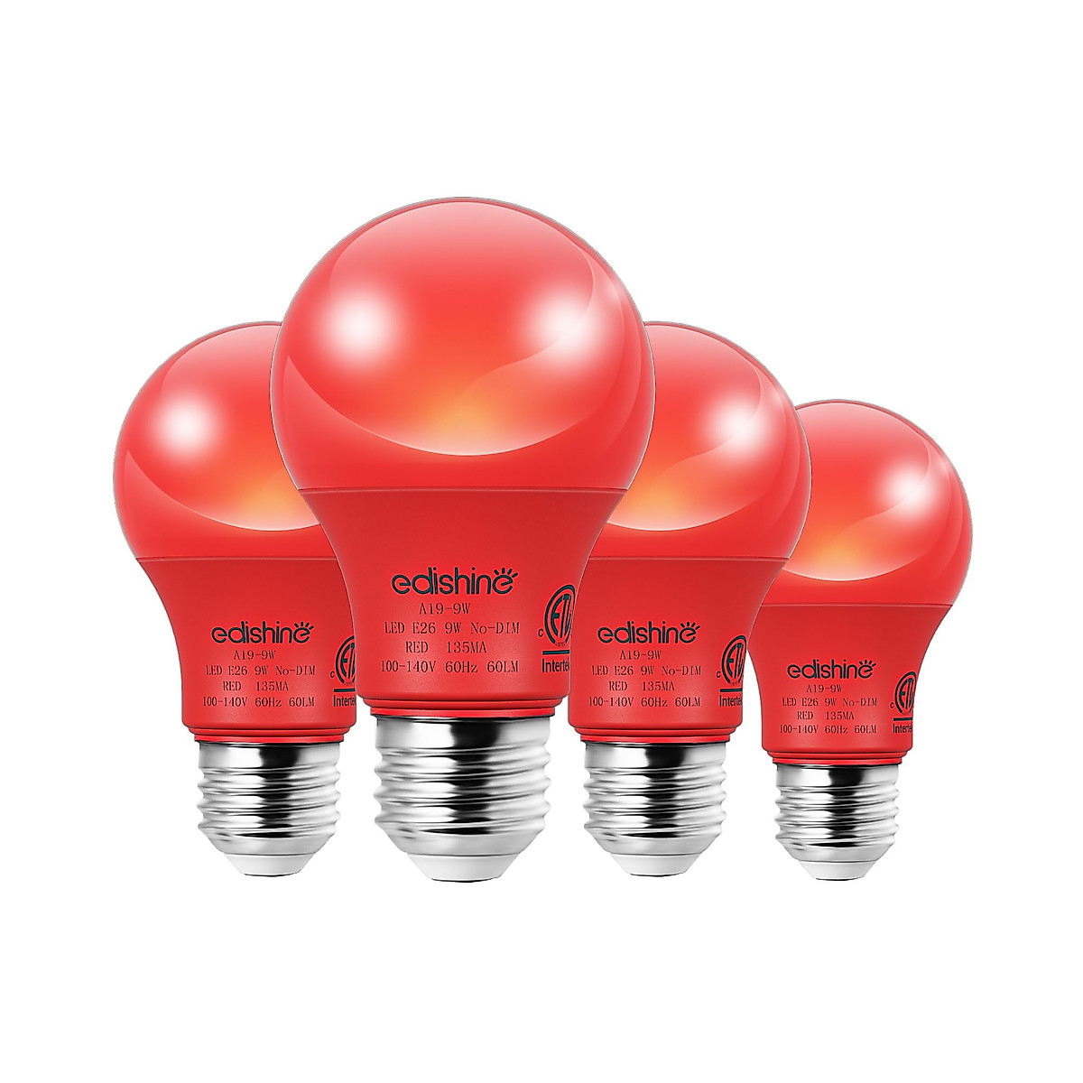 EDISHINE 4 Pack Red Light Bulbs, A19 LED Light Bulb 60W Equivalent, E26 Medium Base, 9W, Red Lights for Bedroom, Christmas Decoration, Porch, Garden, Home Lighting, Non-dimmable, ETL Listed