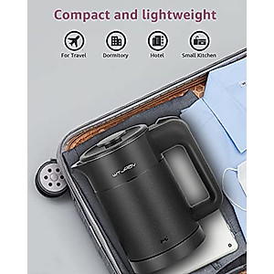 WTJMOV 0.6L Small Electric Tea Kettle Lightweight, Double Wall Hot Water Boiler Stainless Steel Auto Shut-off, 120V Portable Travel Electric Kettle Fast Boil for Tea and Coffee, Black