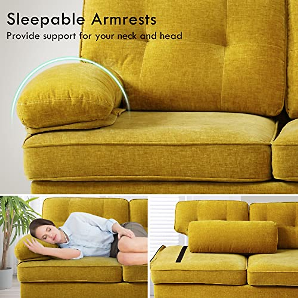 LANELIFE 79" W 3-Seat Sofa, L Shaped Sectional Sofa Bed,with Extra Wide Chaise Lounge and Gold Legs, Chenille Couch for Living Room, Apartment and Small Space (Golden)