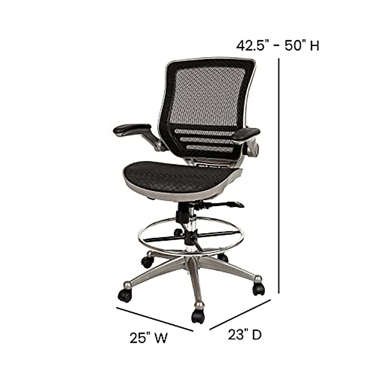 EMMA + OLIVER Black Mid-Back Mesh Drafting Chair with Graphite Frame and Flip-Up Arms