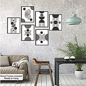 FRAMED Abstract Wall Art, Modern Boho Black and White and Gray Canvas Wall art, Neutral Abstract Geometric Wall Decor for Living Room Bedroom Bathroom Office, Ready to Hang (Set of 6, 8x10 Inch, Framed)