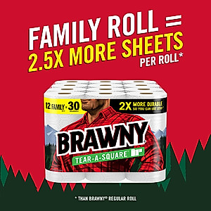 Brawny Tear-A-Square Paper Towels, 12 Family Rolls = 30 Regular Rolls, 2X More Durable*, 3 Sheet Sizes, Strong and absorbent extra-large roll