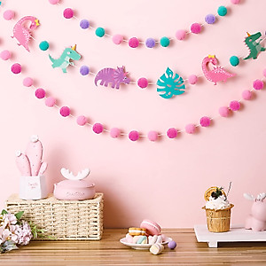 Kingdder 3 Pcs Pink Dinosaur Banner Party Decoration for Girls Pink Pom Pom Birthday Garland Felt Ball Banner Dinosaur Theme Holiday Hanging Garlands for Baby Shower Nursery Photo Prop Party Supplies